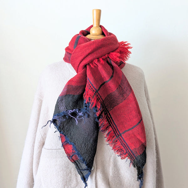 Japanese Extra Soft Woven Wool Cotton Scarf - Medium - Red, Navy, and ...